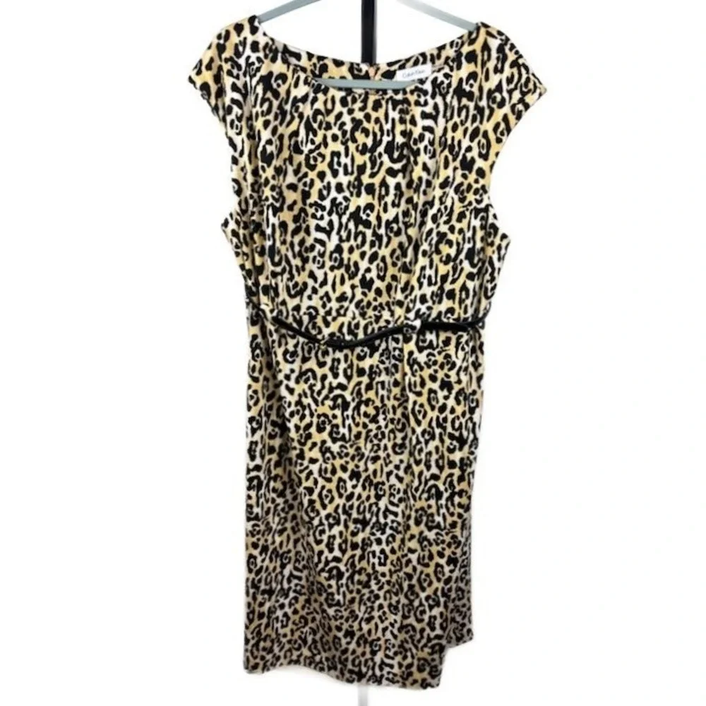 Calvin Klein | Dresses | Calvin Klein Leopard Print Belted Cap Sleeve ...